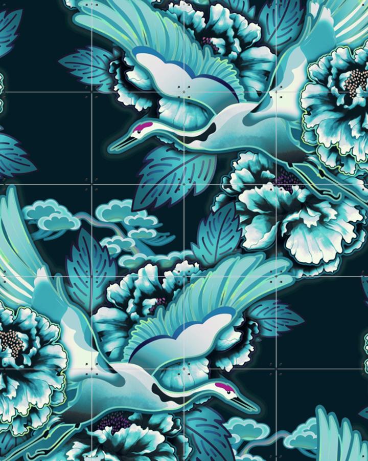 Crane Bird Pattern Cloudy Petrol, by Marylène Madou - IXXI